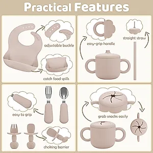 Bufims Silicone Baby Feeding Set, Baby Led Weaning Supplies, Eating Essentials Utensils with Suction Plate and Bowl, Pocket Bib, Sippy Cup with Lid, Forks Spoons Snack Container, for 6+ Months, Beige