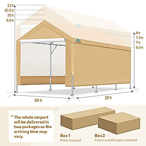 ADVANCE OUTDOOR Adjustable 10x20 ft Heavy Duty Carport Car Canopy Garage Shelter Boat Party Tent, Adjustable Heights from 9.5ft to 11.0ft, Removable Sidewalls and Doors, Beige