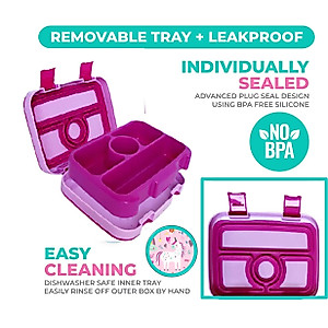 kinsho Bento Lunch Box with Insulated Bag and Water Bottle Set for Kids Toddlers, 4 Portion Sections, Removable Tray, Pre-School Girl Toddler Daycare Lunches, Snack Container, Pink Unicorn
