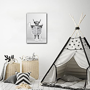 ENBIDAVI Funny Highland Cow Wall Decor Black and White Cow Reading Newspaper on Toilet Canvas Art Print For Bathroom Farmhouse Bedroom Unframed 12x18 Inches