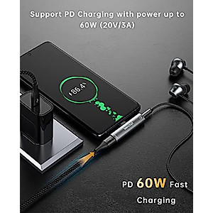 Teleadapt USB C to 3.5mm Headphone Audio and Charger Adapter, 2-in-1 USB C to Aux Mic Jack Adapter with PD 60W Fast Charging for Stereo, Hi-Res DAC, Compatible with Galaxy S20/ S21/NoteS20, Pixel 2/3