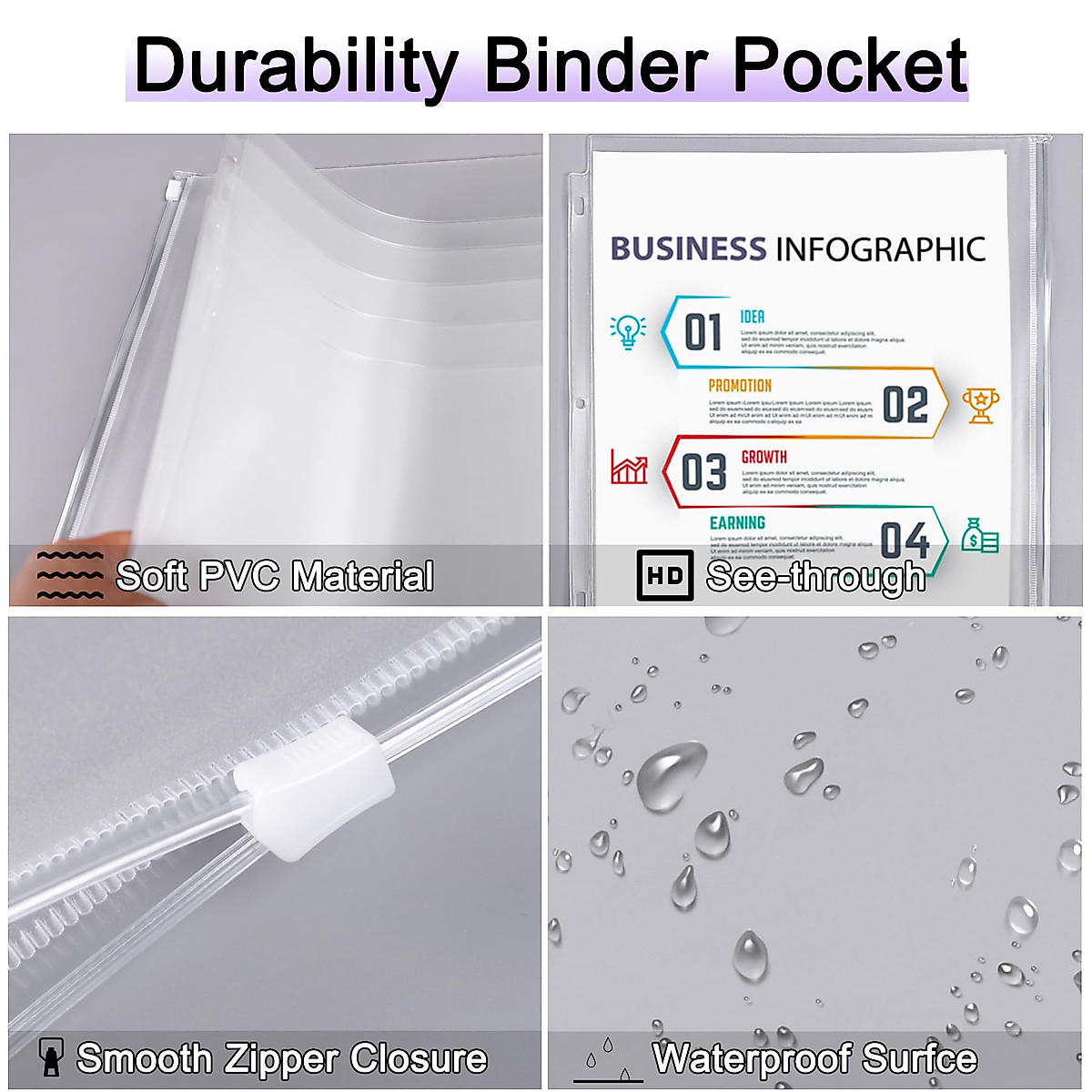 Antner Letter Size Binder Pockets 3 Holes Zipper Binder Folders for Ring Binder Loose Leaf Bags, Waterproof Pouch Document Filing Bags, 8 Pack