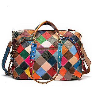 RainboSee Women Random Multicolor Handbag Genuine Leather Cube Splicing Shoulder Satchels