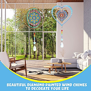Queekay 2 Pieces 3D Diamond Wind Chime Diamond Art Suncatcher Kits Three Dimensional by Number Hanging Ornament Double Sided Crystal Suncatcher Window Decor for Home Wall Garden(Heart)