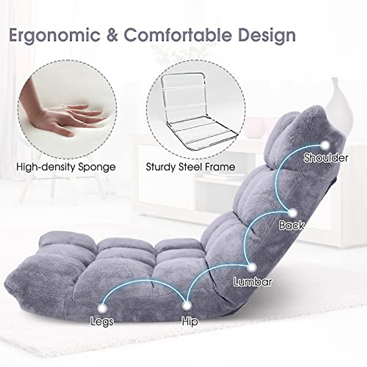 Giantex Floor Chair with Back Support, Folding Sofa Chair with 14 Adjustable Position, Padded Sleeper Bed, Couch Recliner, Floor Gaming Chair, Meditation Chair, Gaming Floor Chairs for Adults(Gray)