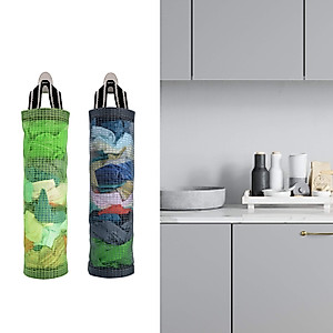 Plastic Bag Holder Sulimy Dispensers Folding Mesh Garbage Bags 2pcs Hanging Storage Bag Trash bags Holder Organizer Recycling Grocery Pocket Containers with 2 Hooks for Home and Kitchen Grey & Green