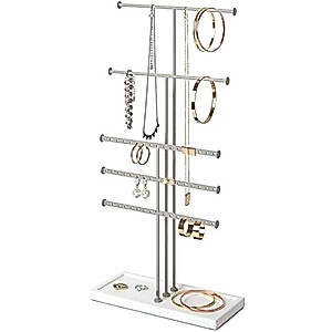 Umbra Trigem Tiered Tabletop Jewelry Organizer Freestanding Hanging Necklace, Earring and Bracelet Display, 5, White/Nickel
