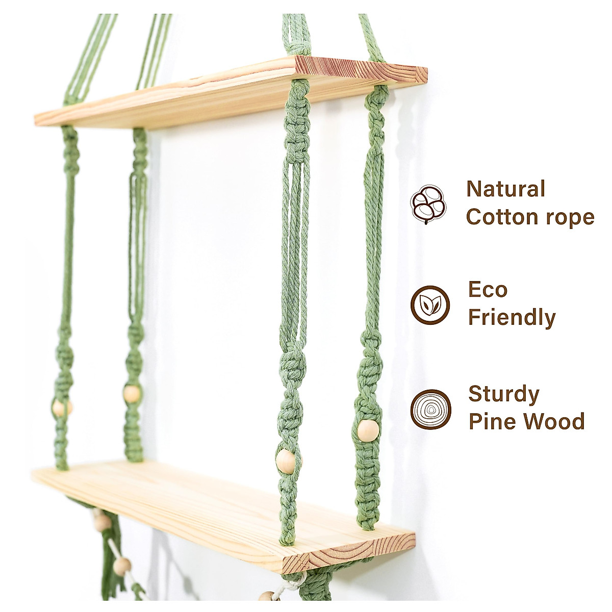 Macrakido - Macrame Wall Hanging 2-Tier Shelf, Boho Floating Wooden Shelves with Green Woven Rope and Leaf Decor,Plant Display for Bedroom, Dorm, Nursery, Living Room, and Bathroom Wall Decor