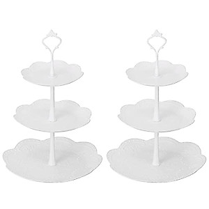 2 Set of 3-Tier Plastic Cupcake Stand Dessert Plates Mini Cakes Fruit Candy Display Tower White for Kids Birthday Tea Party Baby Shower Serving Tray, Round
