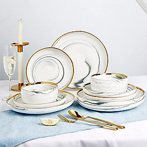 Pokini Dinnerware Sets, Marble Gold Line Plates and Bowls Sets Stoneware Dishes Set For 4, 12 Piece White Grey Marble Porcelain Round Dinner Dish Sets