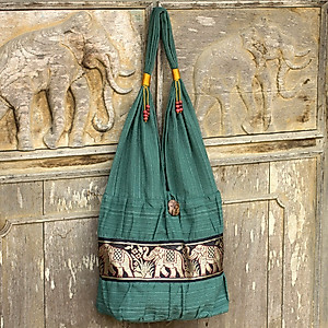 NOVICA Handmade Cotton Shoulder Bag | Green Elephant Embroidery Handbags | Casual Top Long Handle Cotton Handbag | Sling Crossbody | Boho Hippie Hobo | Thailand Animal Themed Bohemian | Emerald Thai