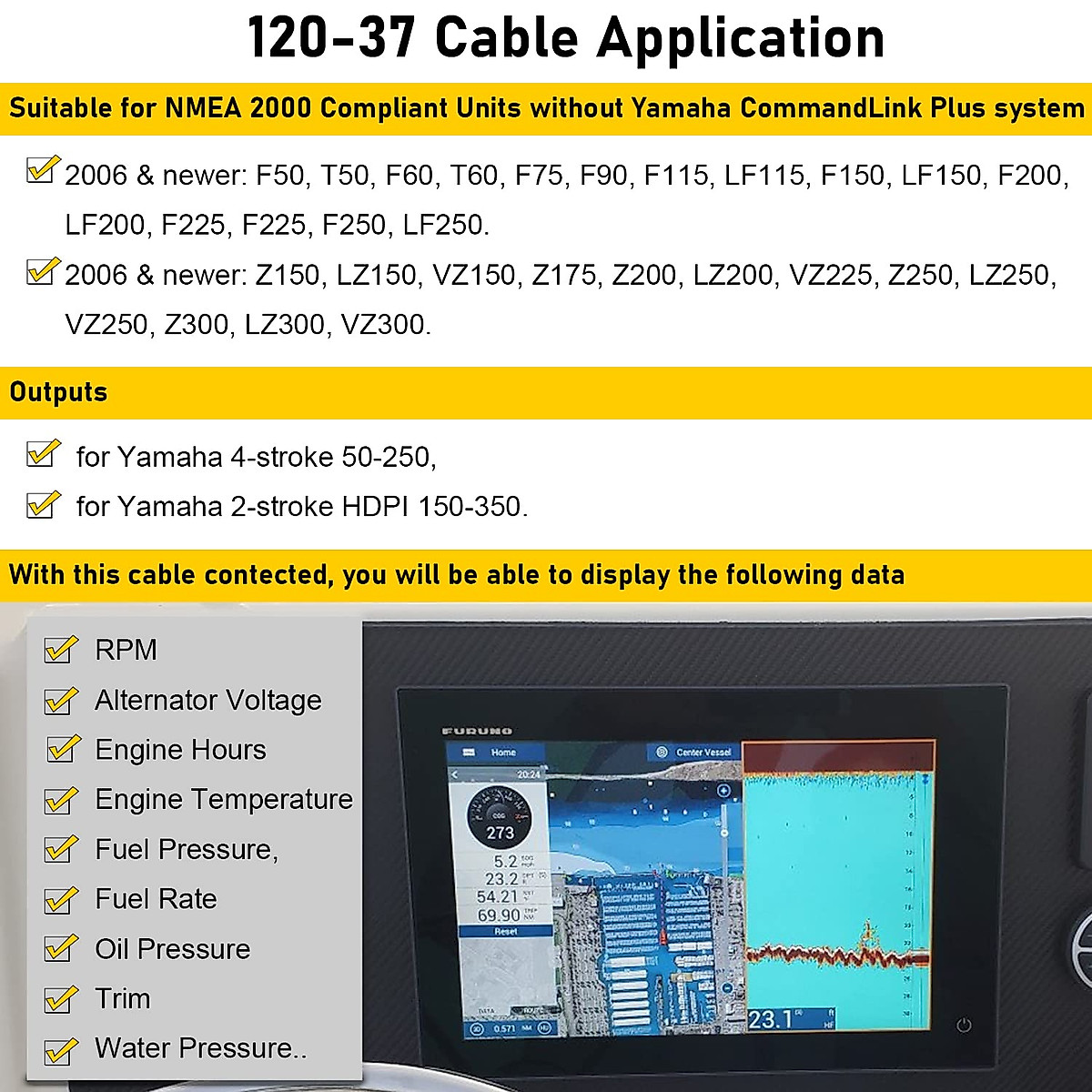 for Yamaha Engine Interface Cable NMEA2000 Connection with T Connector for Yamaha 2006 & Newer, Replace # 000-0120-37, 3004.6865-4.5 m (15 ft)