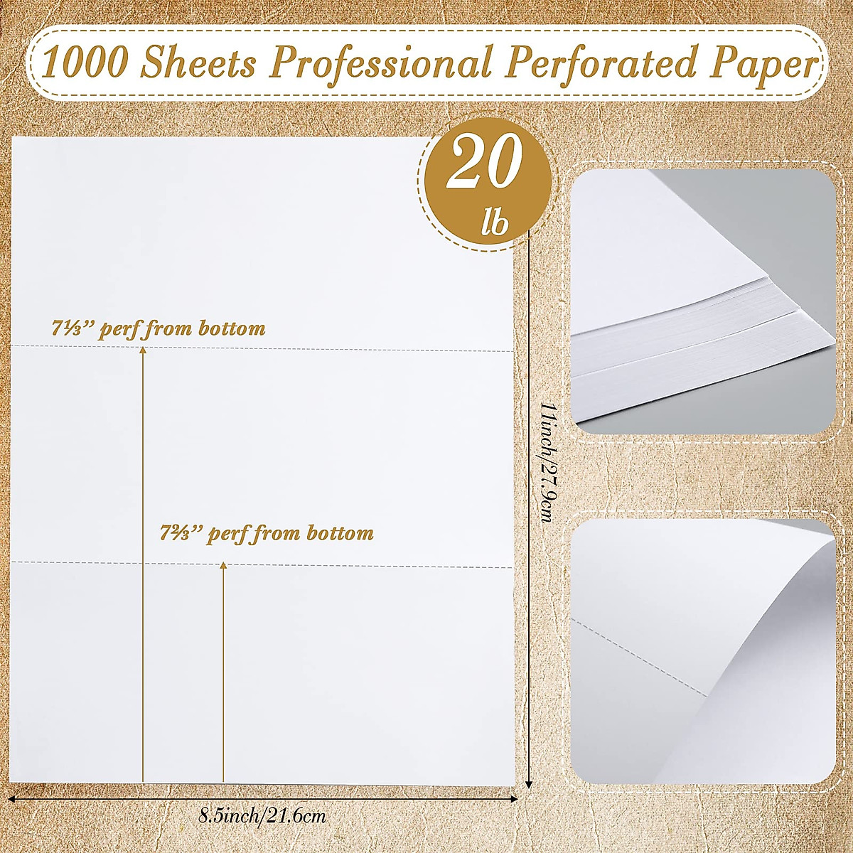 1000 Sheets Perforated Paper for Statements Invoices Gift Certificates Coupons 8-1/2" x 11" Letter Size Perforated Paper 20 lb 75 GSM 2 Horizontal Perfs 3 2/3" and 7 1/3" from Bottom
