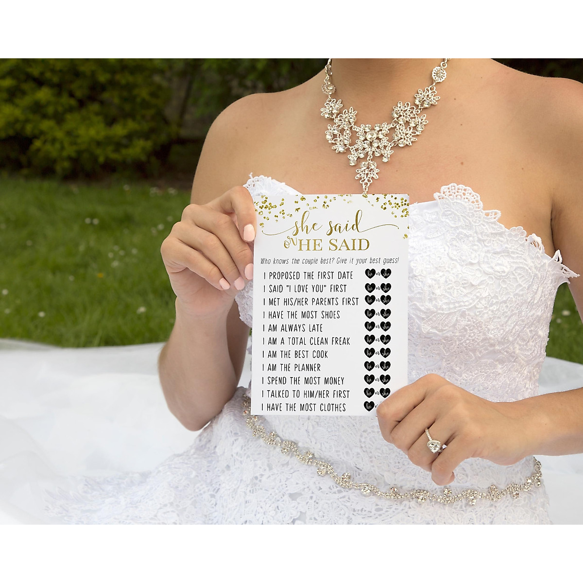 Black and Gold Bridal Shower Game He or She Said – 25 Pack, Couples Wedding Engagement Party Games, Reception Decor and Ideas, Fun Bridal Shower Guest Activities