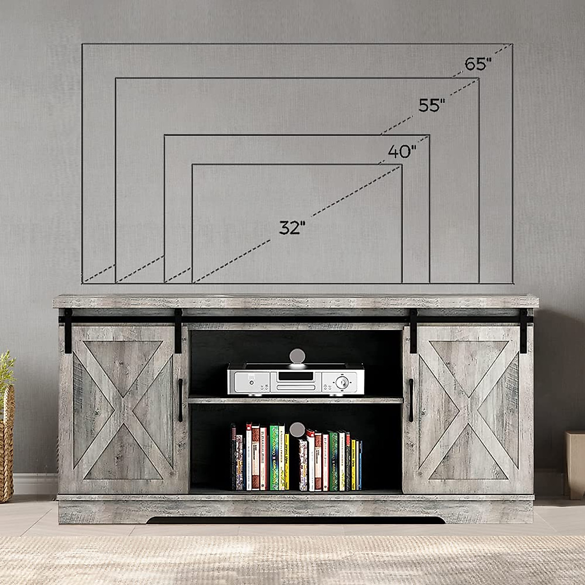 GAOMON Farmhouse TV Stand - Modern Entertainment Center for 65 Inch TVs, Barn Door Console Table with Storage & Shelves - Grey Living Room Furniture