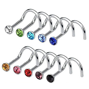 Rbenxia 20G 316L Nose Studs Rings 2.2MM Rhinestone Stainless Steel Nose Body Piercing Rings 10 Pcs Random Color for Unisex