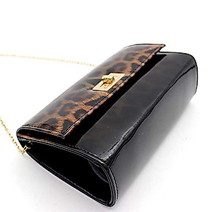 Leopard Print Glossy Faux Leather Clutch Purse Shoulder Bag with Chain Strap (Turn-lock Flap - 1Nude/Black)