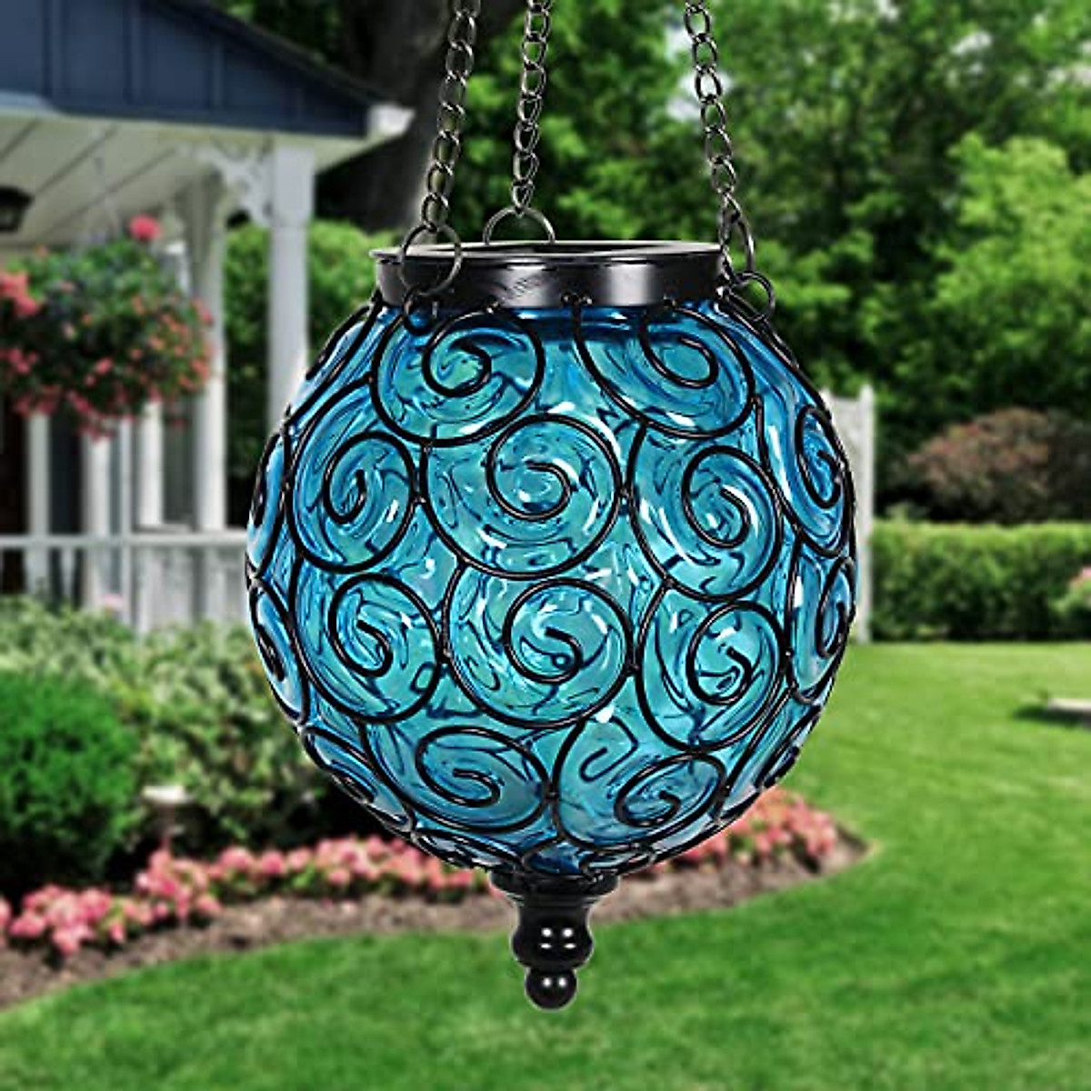 Exhart Outdoor Garden Solar Lights, Round Glass and Metal Hanging Lantern, 15 Firefly LED Lights, 7 x 20 Inch, Blue