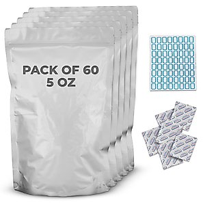 DINNESTY 60PCS 5 Oz 3" x 4" Inch Mylar Bags for Food Storage with Extra 7.2 MIL Thickness Heat Sealable Zipper Stand-Up Long Term Mylar Food Storage Bags with Oxygen Absorbers 300CC and Labels
