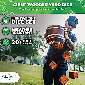 SWOOC Games - Yardzee, Farkle & 20+ Giant Dice Games (All Weather) with Wood Bucket, 5 Scorecards & Marker - Yard Dice Outdoor Game - Large Dice Jumbo - Giant Yard Games - Outside Games - Lawn Games