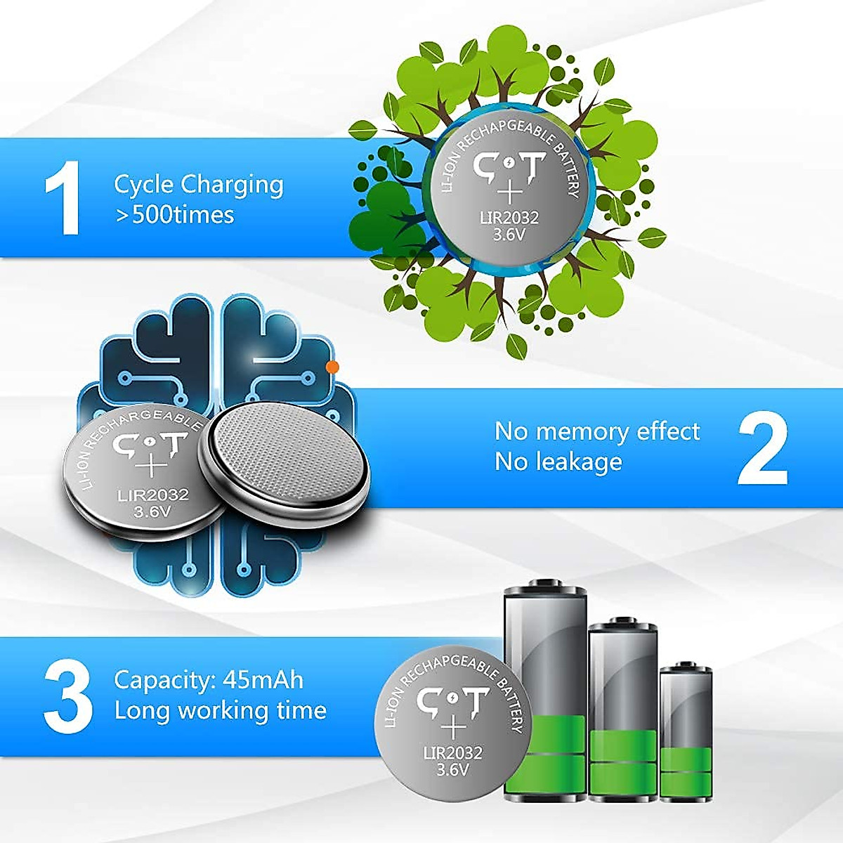 CT-ENERGY LIR2032 Rechargeable Batteries 6 Pack for Airtag 3.6V Rechargeable 2032 Button Battery for Car Remote Key Replace 3V CR2032 ML2032
