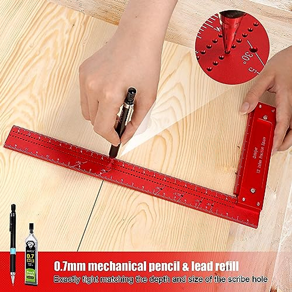 12 inch Try Square Ruler with 0.7mm Mechanical Pencil and 0.7mm Lead Refill, Carpenter Precision Woodworking Square, L Square, CNC-Machined, Metal Aluminum
