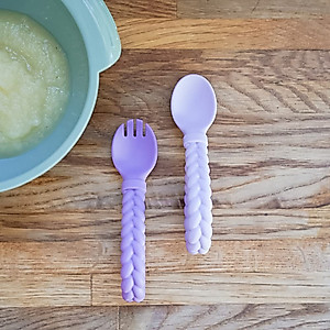 Itzy Ritzy Silicone Spoon & Fork Set; Baby Utensil Set Features A Fork and Spoon with Looped, Braided Handles; Made of 100% Food Grade Silicone & BPA-Free; Ages 6 Months and Up, Amethyst/Purple