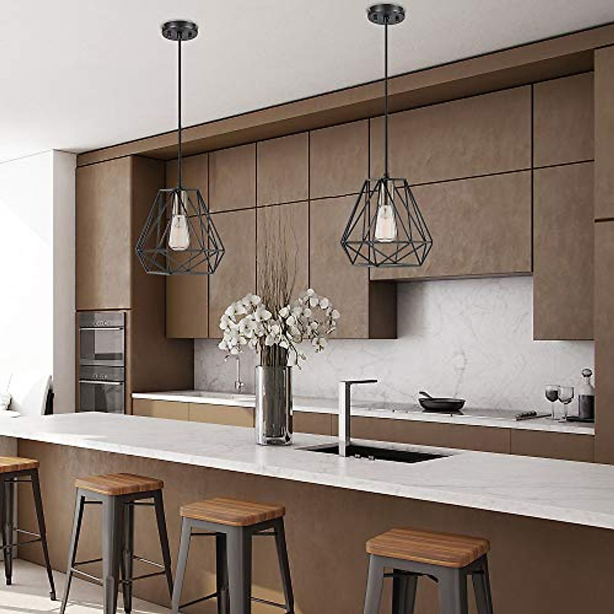 Globe Electric 60846 1-Light Plug-In or Hardwire Pendant Lighting, Dark Bronze, Antique Brass Accent Socket, Cage Shade, 15-Foot Black Fabric Cord, In-Line On/Off Switch, Pendant Lights Kitchen Island