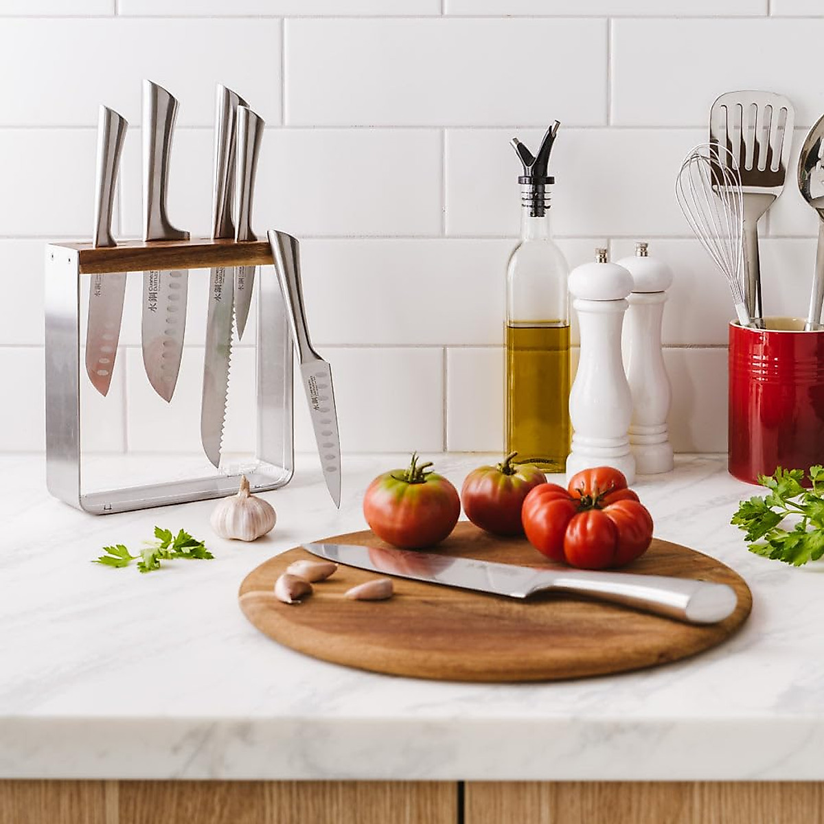 Cuisine::pro Damashiro Knife Block (Kinzoku, 7 Piece Set) - Japanese Steel Knife Block Set, Damascus Pattern with Glass Display Case