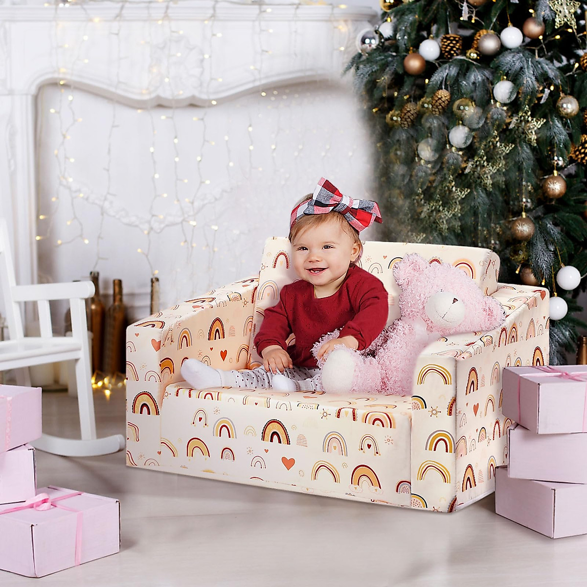 Burbell Boho Toddler Fold Out Couch Chair 2-in-1 Folding Sofa Toddler Chair Comfy Foldable Furniture Convertible Sofa to Lounger Bed for Playroom Bedroom Christmas Girls Boys Kids Gift
