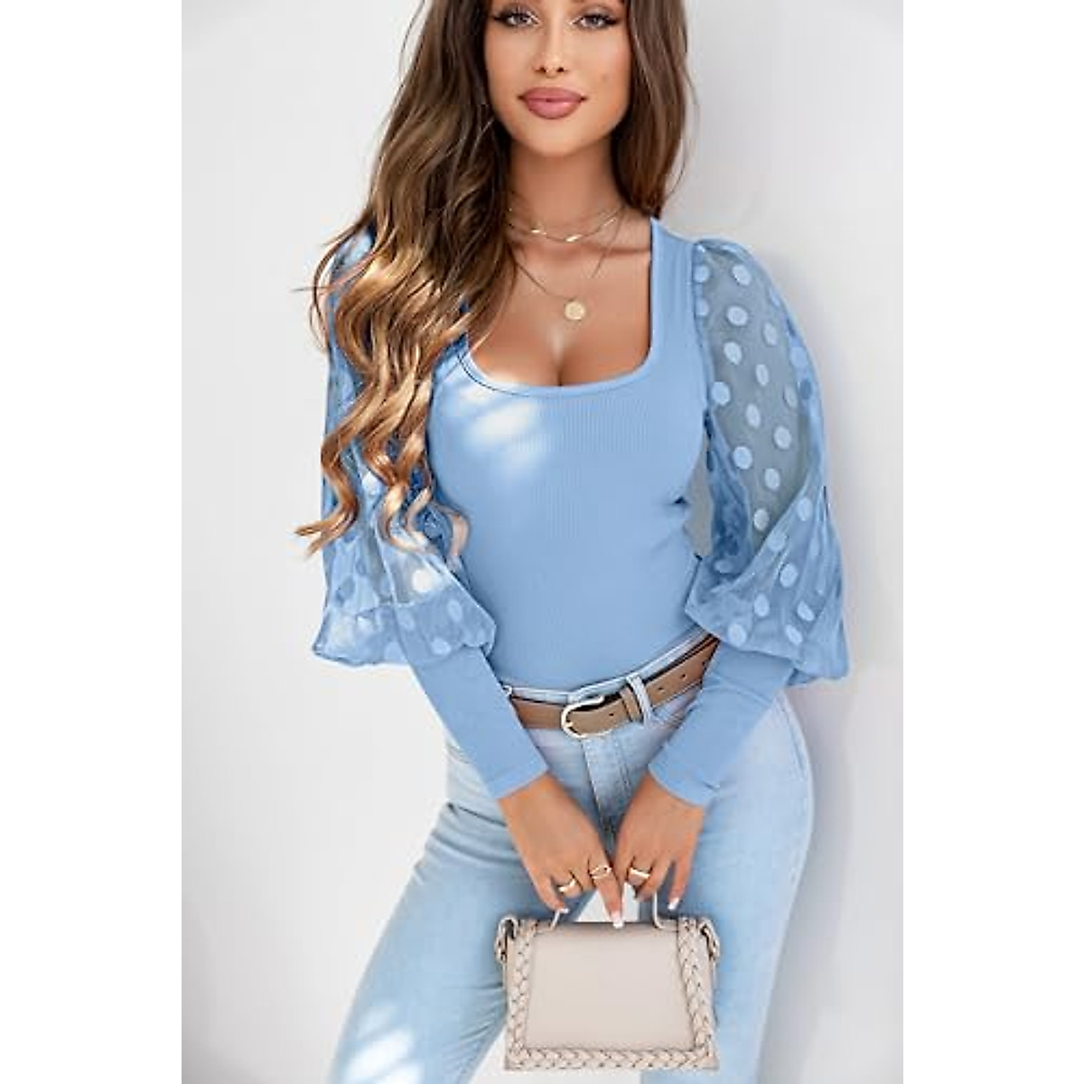 miduo Womens Knit Tops Fashion 2022 Spring Square Neck Swiss Dots Long Puff Gigot Sleeve Ribbed Shirts Tops Sweater Blouses Blue Medium