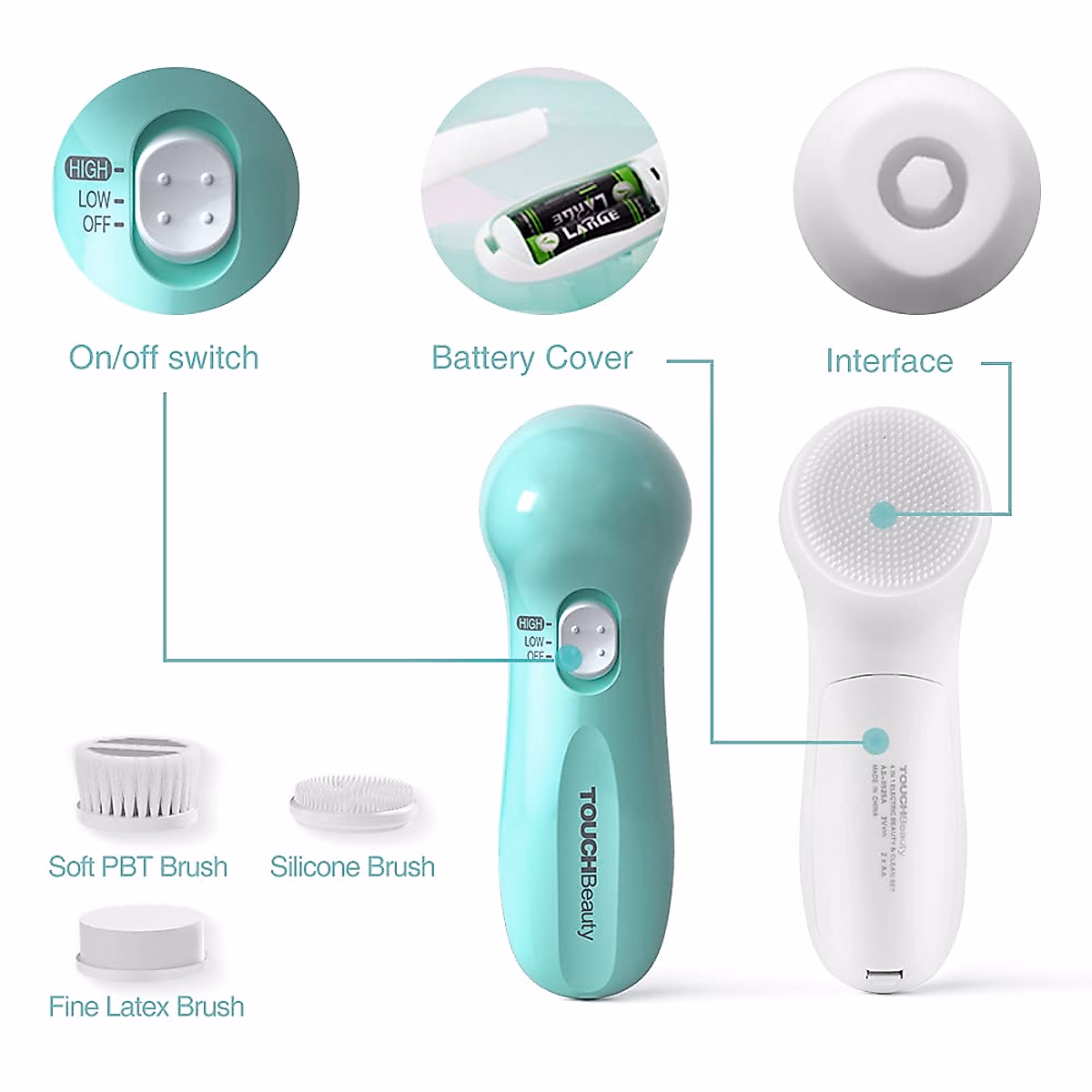 TOUCHBeauty Portable Facial Brush Set with Case & 3 Spin Brush Heads, 0.055mm Deep Pores Cleansing Bristle, Soft Silicone Massager Brush Face Exfoliator Brushes, Mini Travel Size Battery Powered