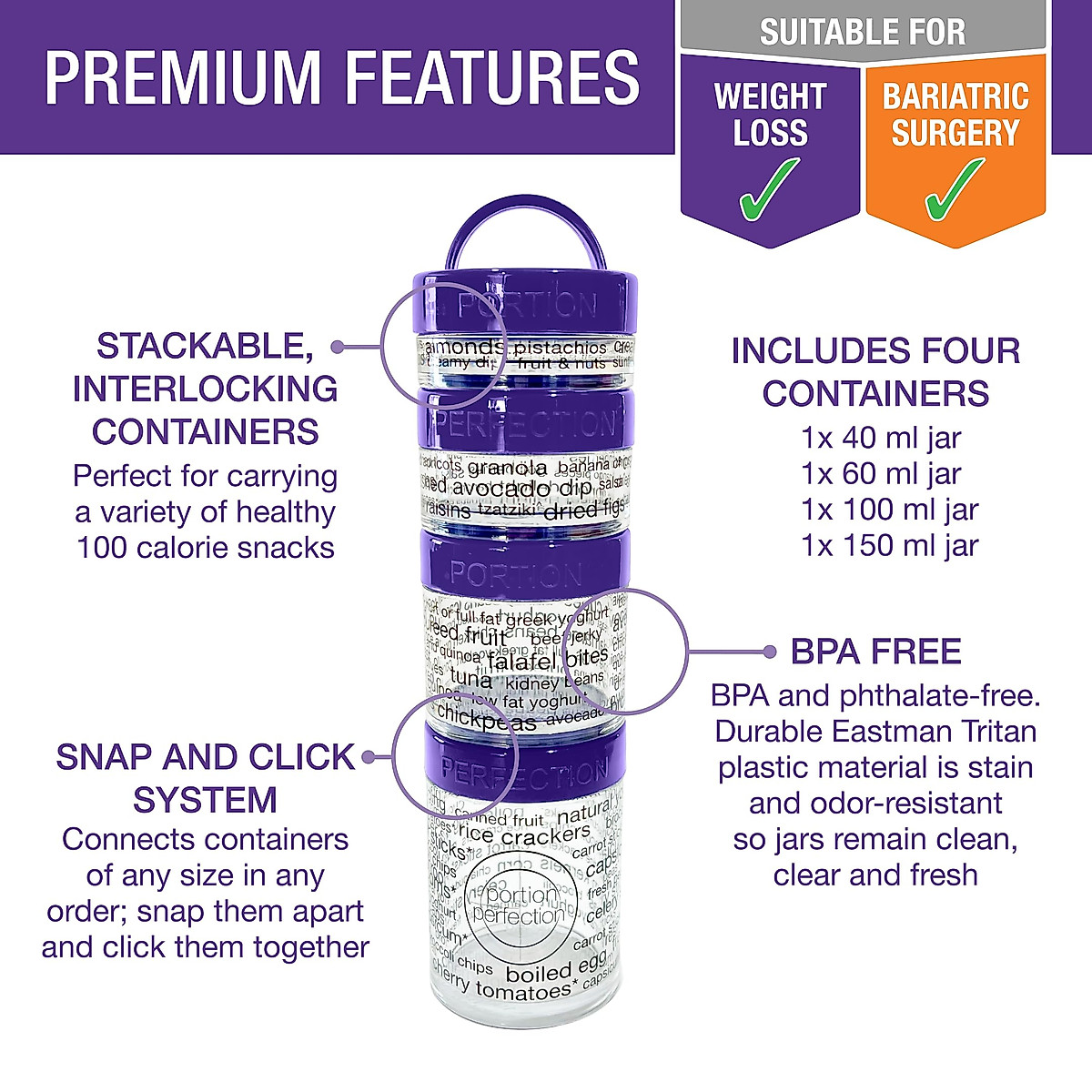 100 Cal Stackable Snack Containers for Weight Management, Food Portion Control Containers for Weight Control with Instructions for Men, Women and Bariatric Must-Haves (Purple)