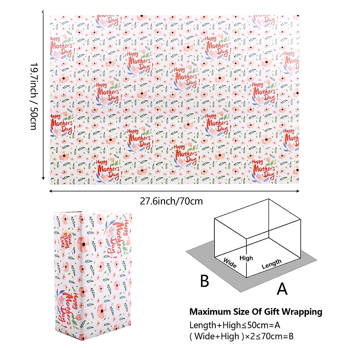 MAMUNU 6 Sheets Mother's Day Gift Wrapping Paper, "Happy Mother's Day" Pink Floral Wrapping Paper with Stickers for Mother's Day, Thanksgiving, Anniversary, Valentine's Day Gift Wrapping, 20 x 28 Inch Per Sheet