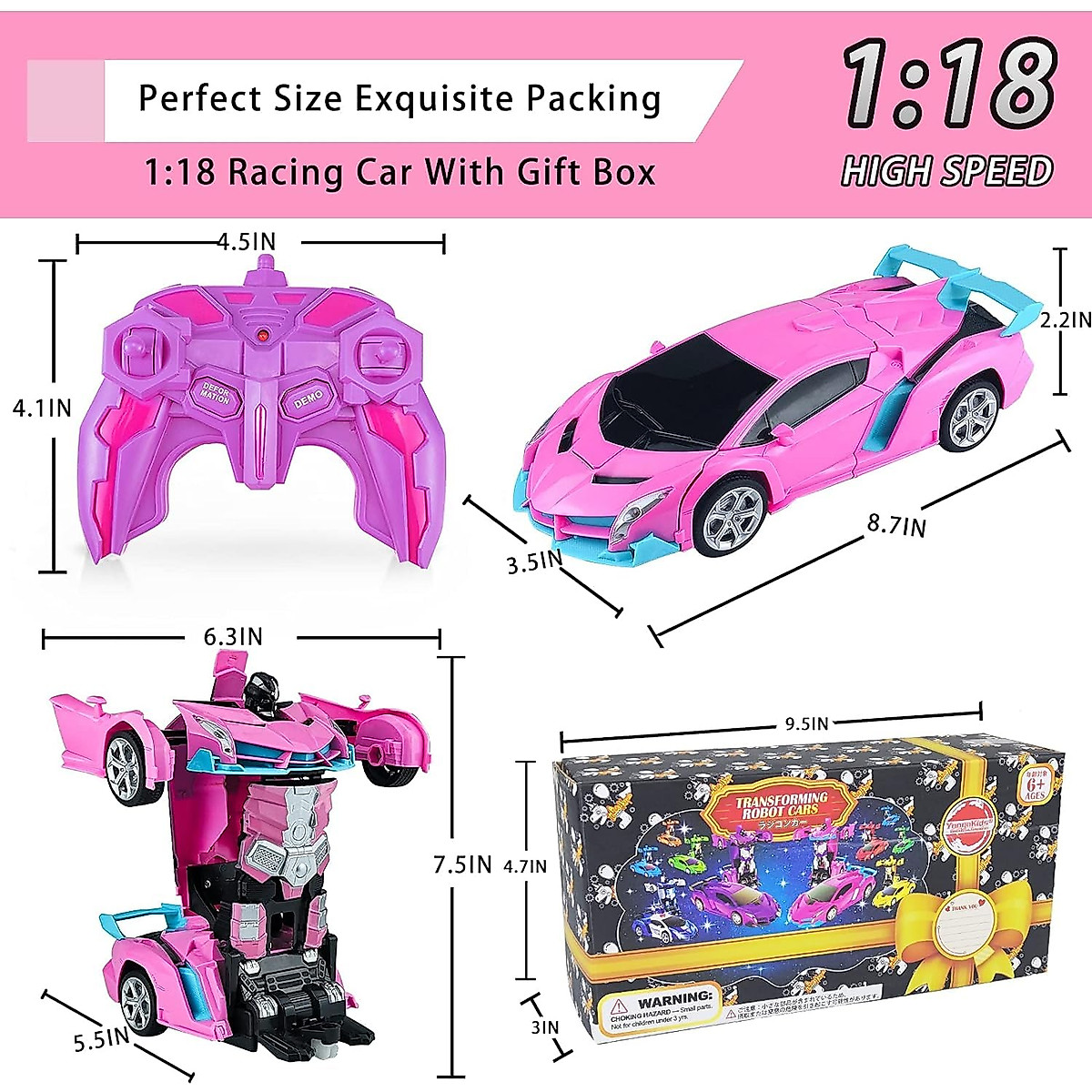 Transform Remote Control Car Toys for 3 4 5 6 7 8+ Year Old Boys Girls - 1:18 Rc Car Transformation Robot with One-Button Deformation & 360° Rotating Drifting, Cool Toys Gifts Transforming Robot Car