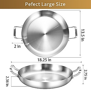 Inqibee 13-Inch Tri-Ply Stainless Steel Paella Pan, Large Skillet,Griddle Pan,Large Frying Pan,Jumbo Cooker,Induction Cookware,Dishwasher and Oven Safe.