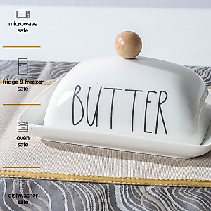 oskas Farmhouse Decorative Kitchen Countertop Porcelain Butter & Cream Cheese Dish with Lid,Butter Keeper with Cover for East West Coast Butter,White