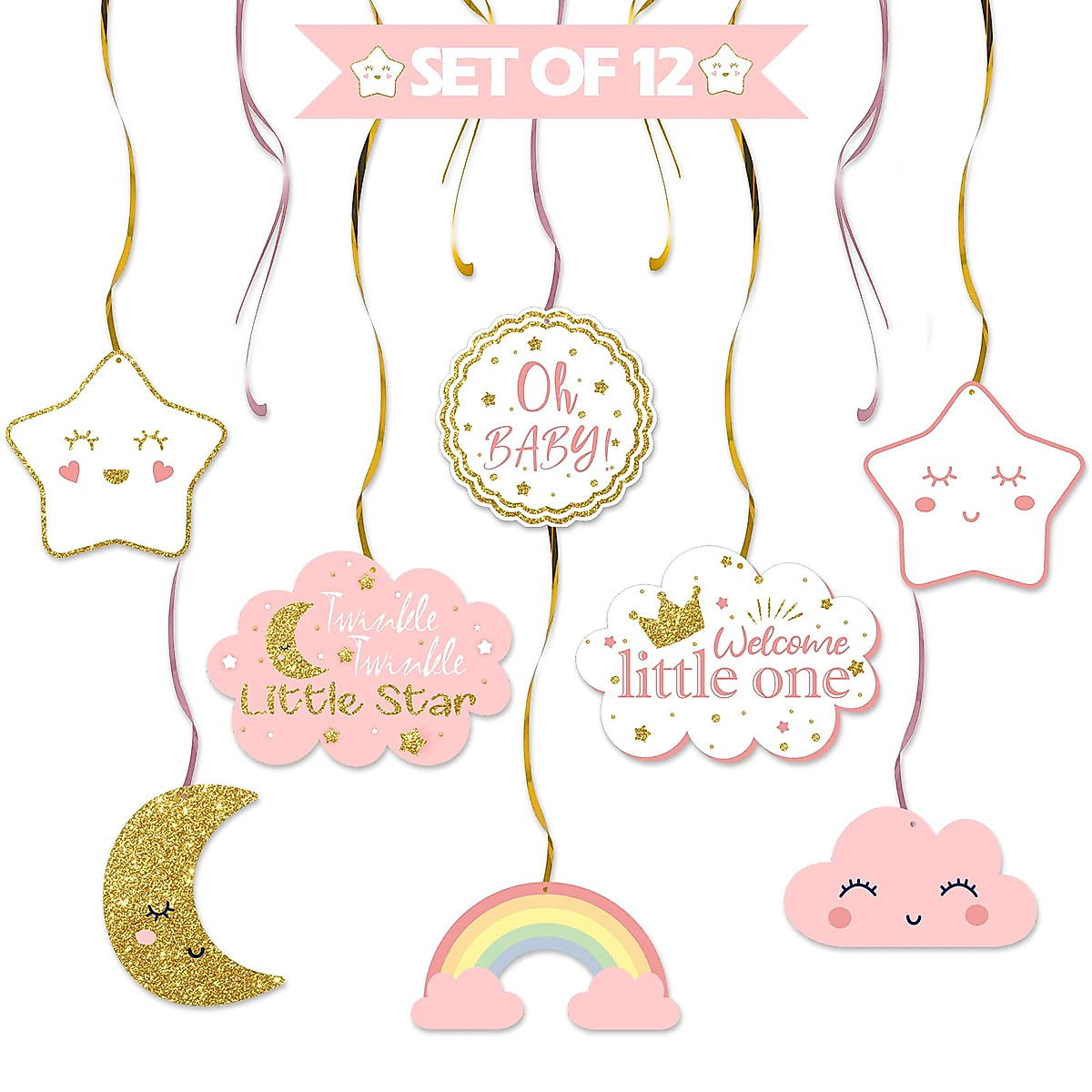 LINGTEER Twinkle Twinkle Little Star Swirls Streamers - Cheers to Baby Shower Birthday Party Hanging Decorations - Girl.