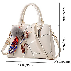 SMALLBLUER Top-handle Handbags Purse Soft PU Leather Crossbody Shoulder Bag Satchel with Bowknot Plush Ball Pendant-Beige