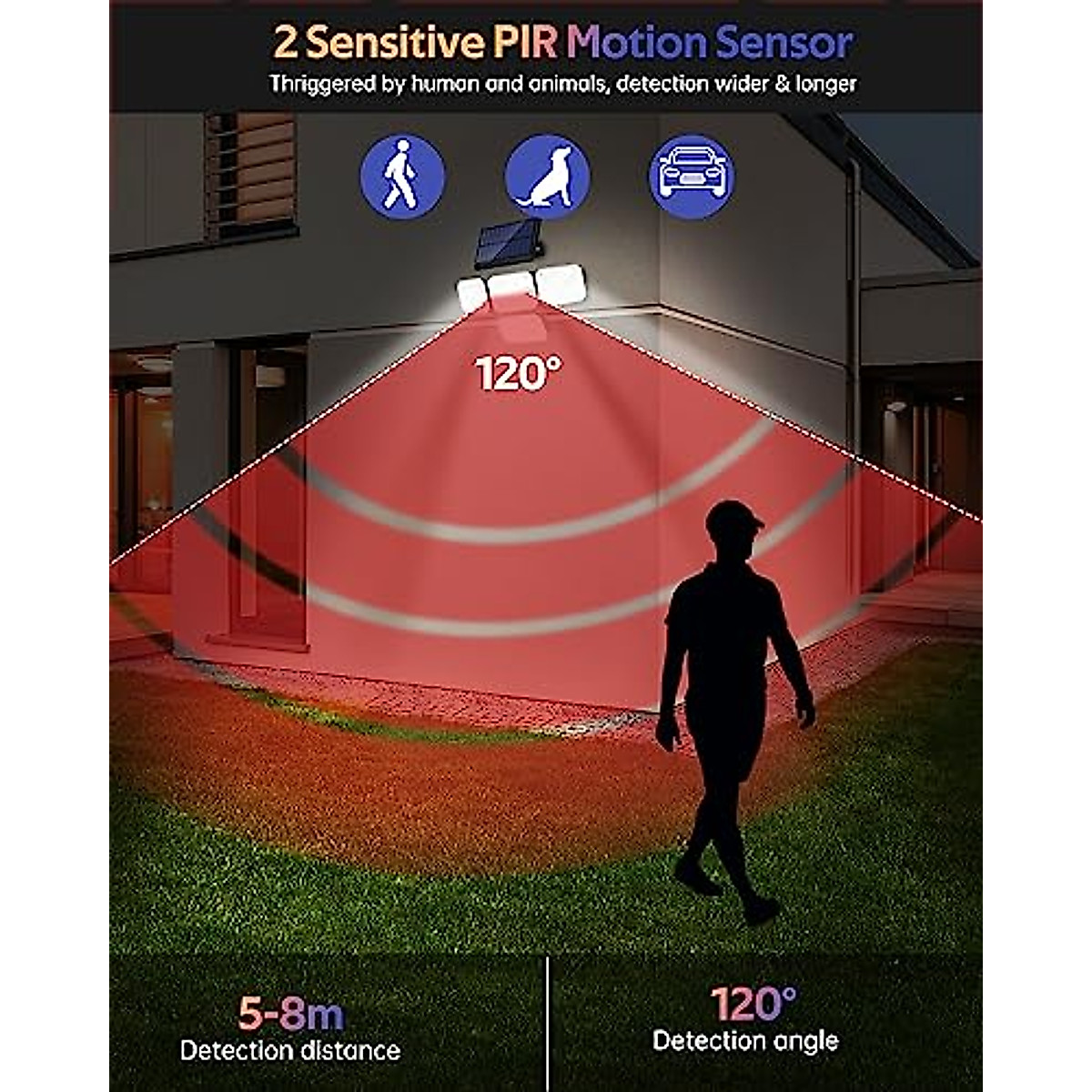 UTEBIT Solar Motion Sensor Flood Light, 4 Heads LED Security Lights, IP65 Waterproof Outdoor Wall Light, 3000LM Snowflake Lights, USB Chargeable 3 Modes Garden Yard Solar Lights for Outside