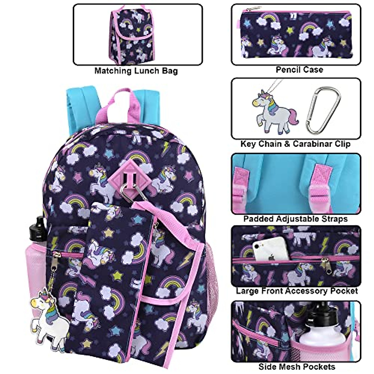 Trail maker Girl's 6 in 1 Backpack With Lunch Bag, Pencil Case, Keychain, and Accessories (Electric Unicorns)