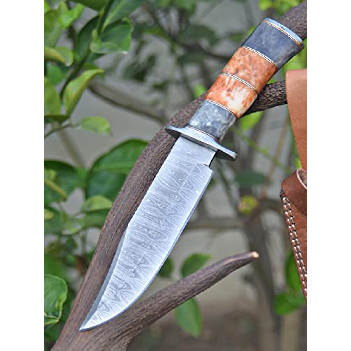 UK UNIQUE SHARP KNIVES BK-3002 Handmade Damascus Steel 12.50 Inches Hunting Knife - Exotic Coloured Bone Handle