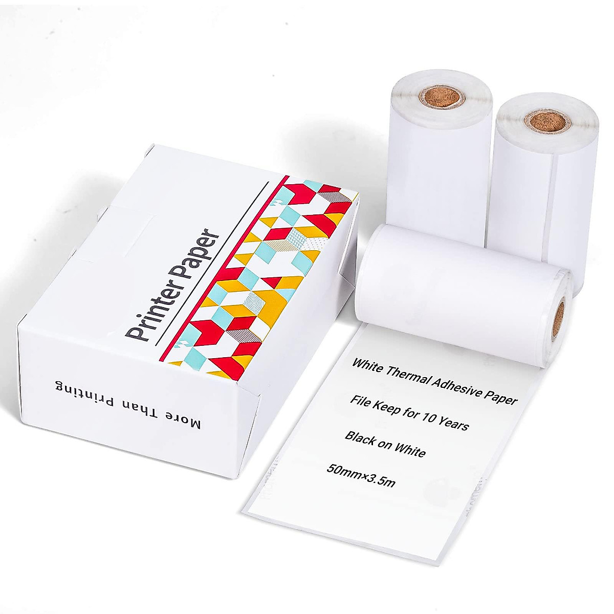 Ponek T02 Pocket Sticker Printer - T02 Black On White Self-Adhesive Paper, Thermal Paper 50mm x 3.5m, 3 Rolls, Keep for 10 Years,T02 Gree Mini Sticker Printer for Journal, Notes, Memo
