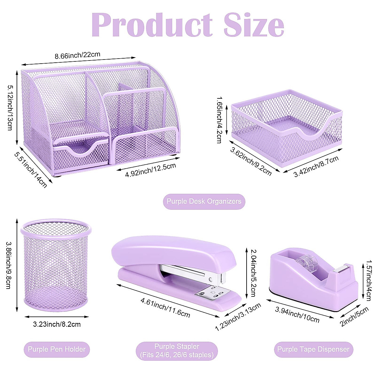 Purple Mesh Desk Organizer and Accessories, Purple Gift Purple Office Supplies 7 Compartments Desk Organizer with Stapler,Tape Dispenser,1000 Staples,Pen Holder,Staple Remover,Clips,Ruler,Scissors