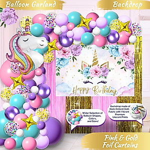 245 Pieces RainMeadow Unicorn Birthday Decorations for Girls Kit, All-in-1 Party Supplies Pack With Balloon Garland, Fringe Curtains, Foil Balloons, Backdrop, Crown, Sash - Pink, Purple, Teal, Gold