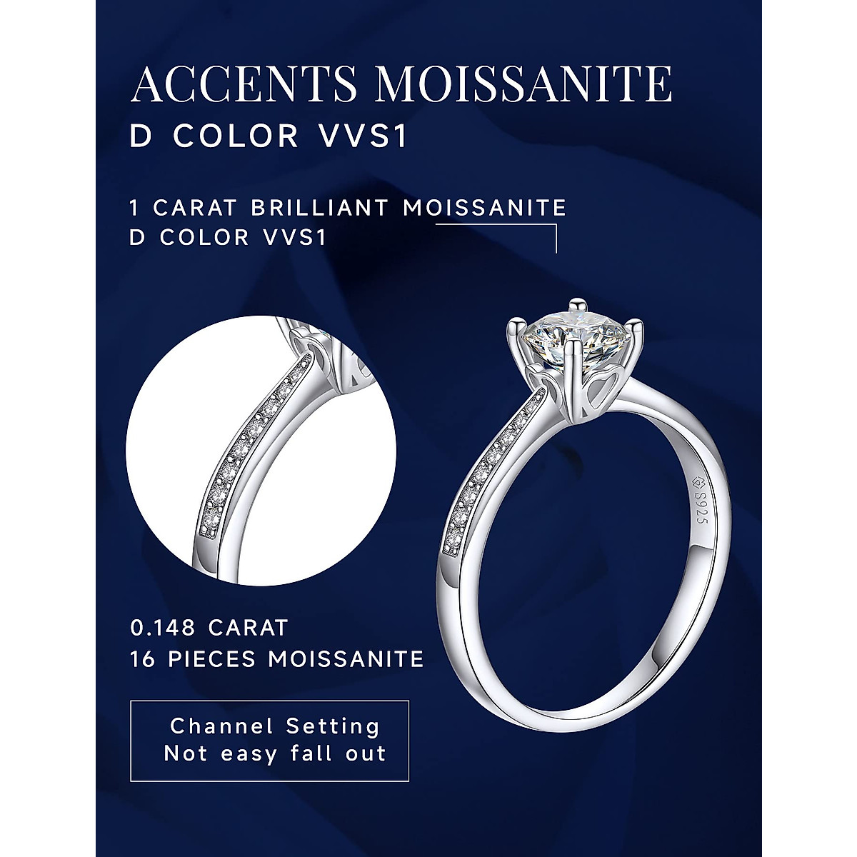 MomentWish Promise Rings for Her, 1Carat Moissanite, D Color VVS1 Simulated Diamond 925 Sterling Silver Accent Rings-Size6