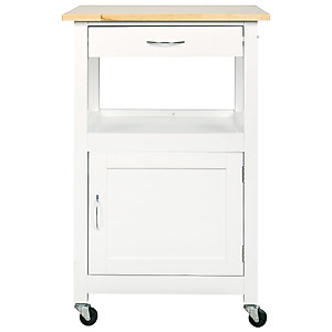 eHemco Kitchen Island Cart on Wheels with Drawer, Storage Cabinet, Shelf and Natural Solid Hardwood Top, White Base