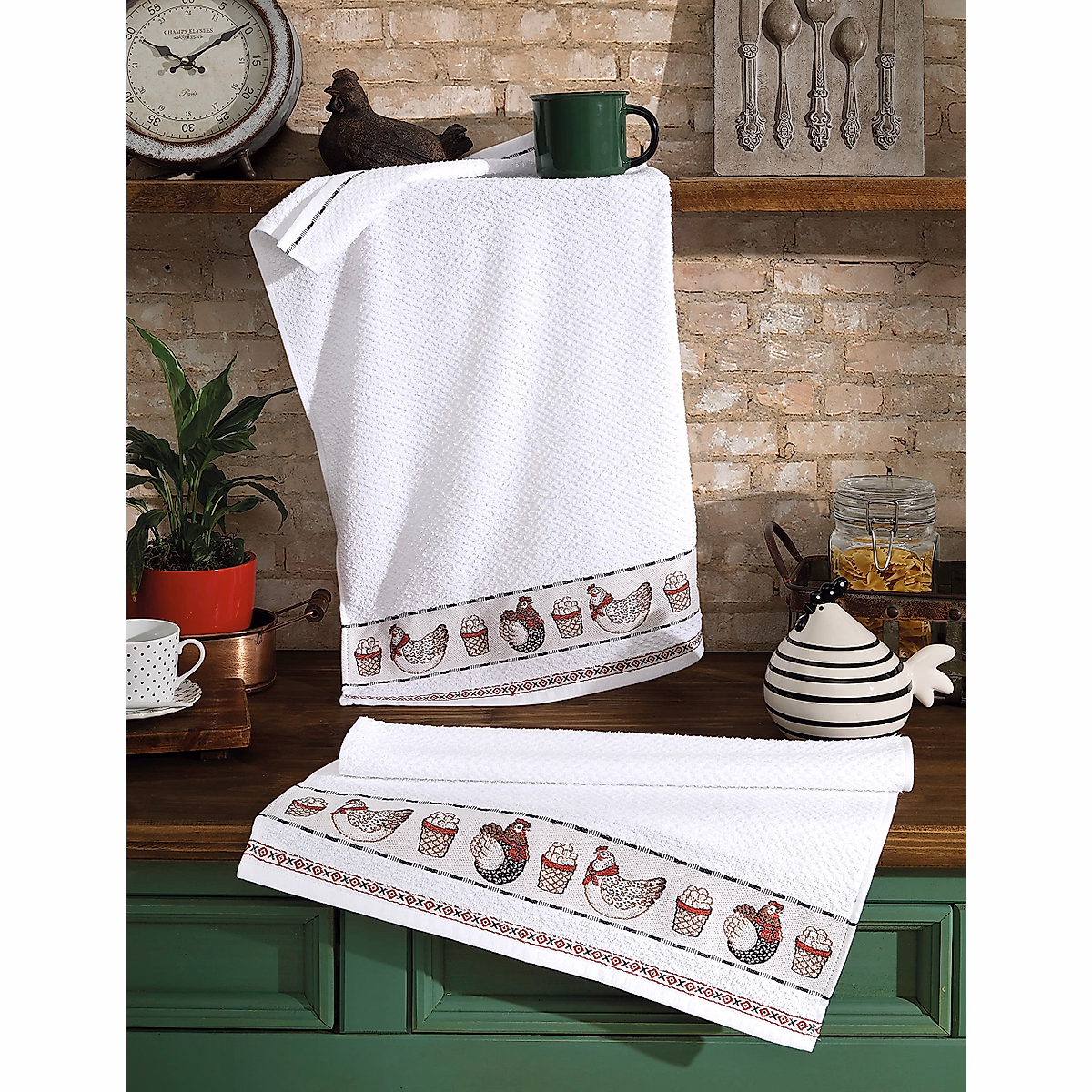 Cackleberry Home Farmhouse Kitchen Towels - Chickens and Egg Baskets Dish Towels - Terry Country Kitchen Towel Set - Chicken Decor for Kitchen - Hand Towels for Drying - 17 x 27 Inches - Set of 4