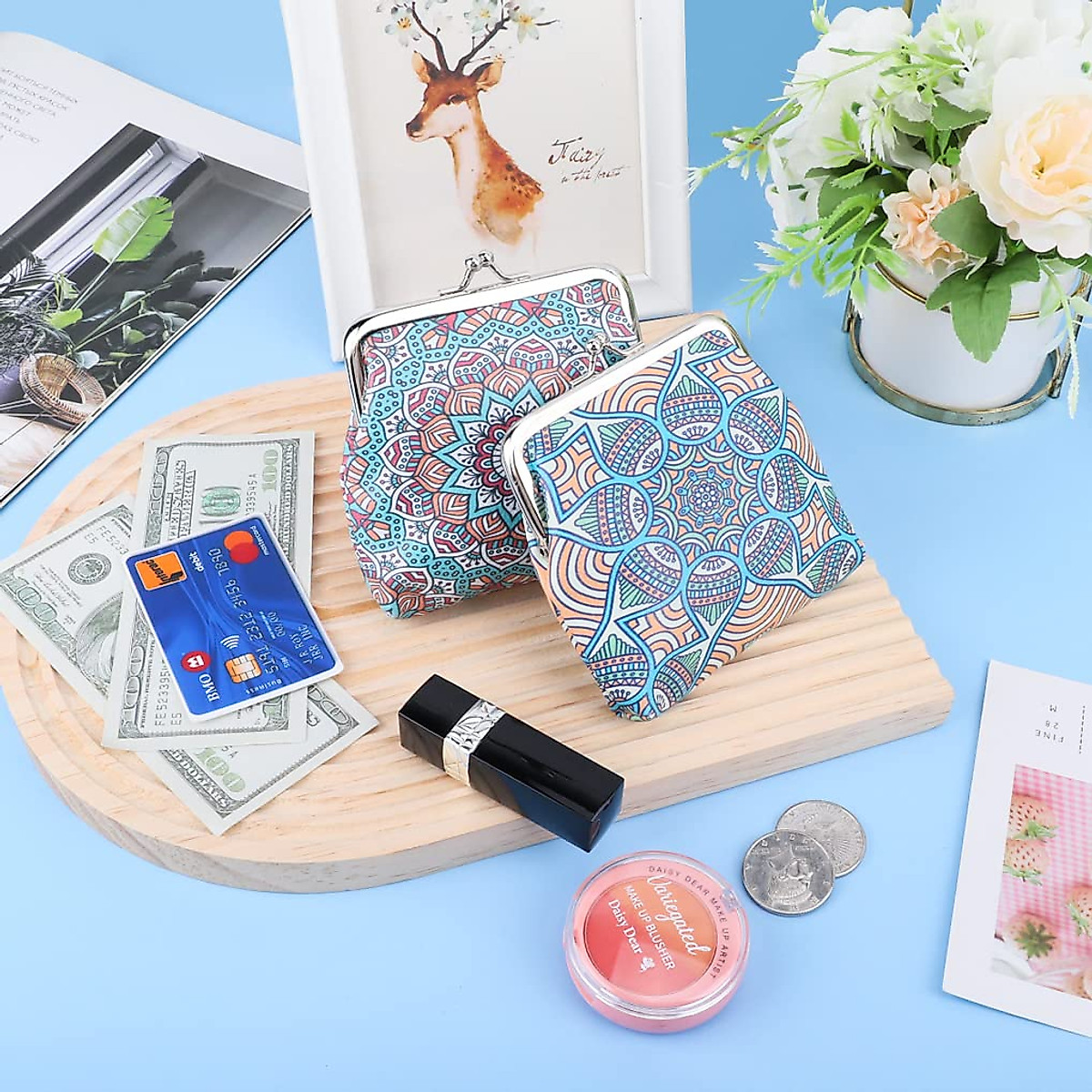 Oyachic 4 Pcs Mandala Coin Purses,PU Leather Change Purse,Vintage Wallets with Clasp Kiss-lock,Cute,Small Clutch Pouch for Woman Girls