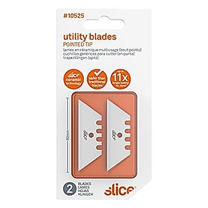 Slice 10525 Ceramic Utility Blades (Pointed Tip), True Safety Blades, Finger Friendly, Safe to Touch, 11x Longer Lasting Than Metal, Double-Sided Blades Extend Blade Life, Never Rusts (2 Blades)